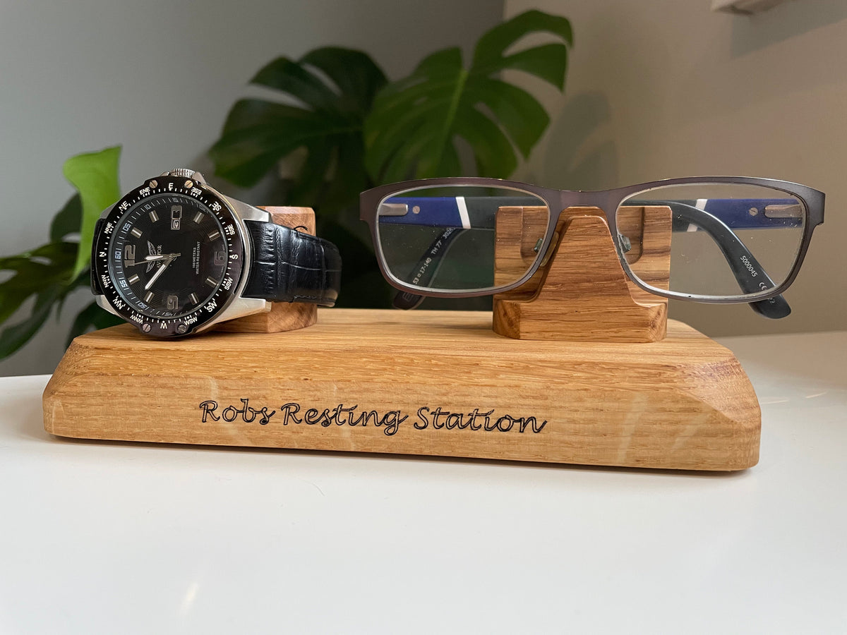 Solid Oak Watch and Glasses, spectacle stand – Oak & Ribbon